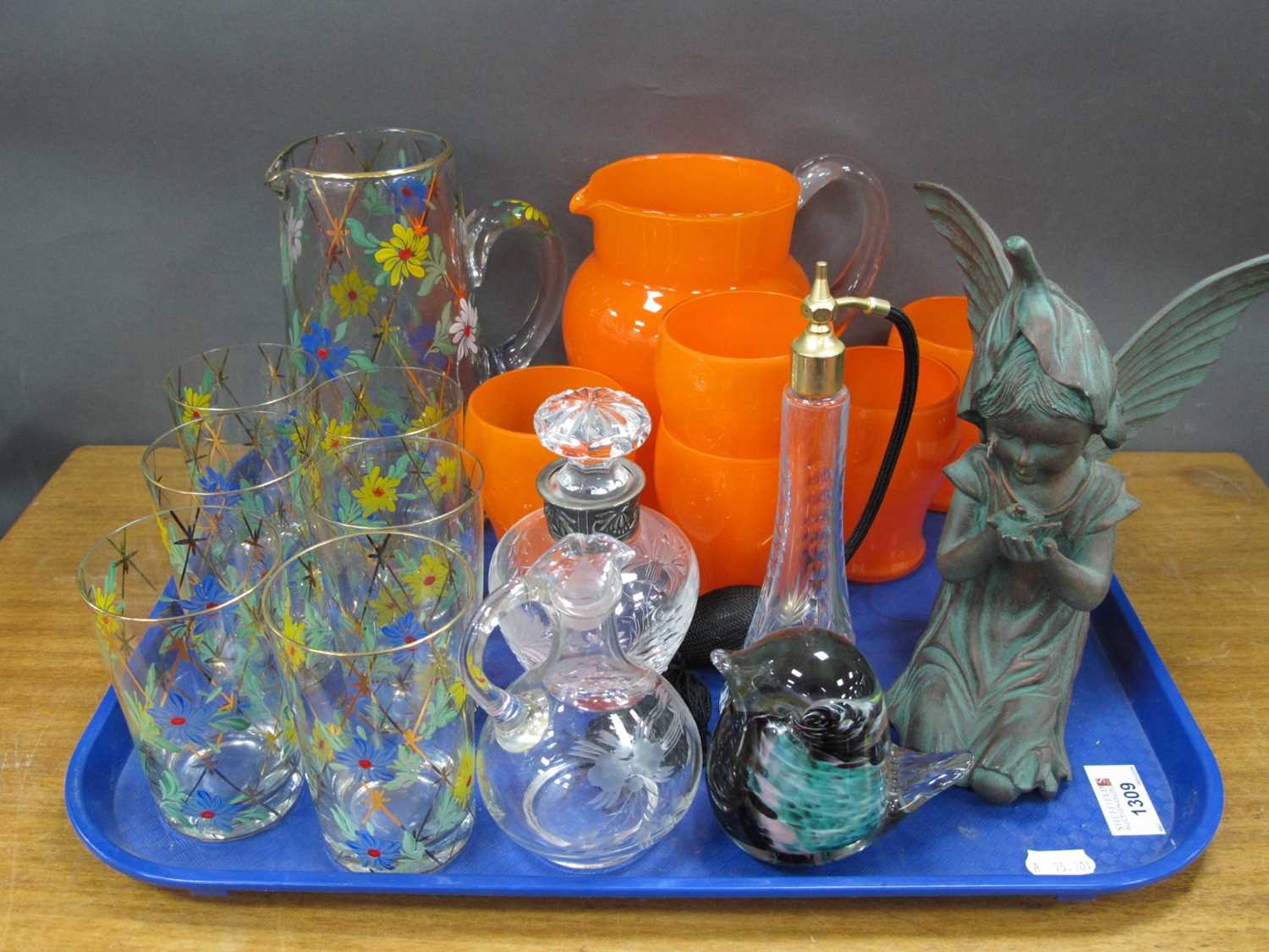 Lot 1309 - Orange and Floral Glass Lemonade Sets,